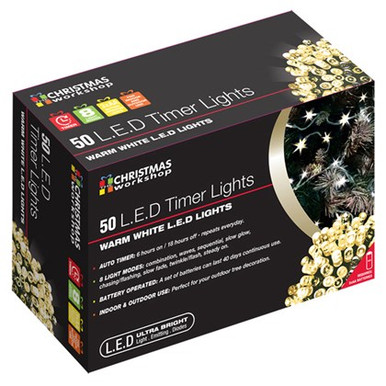 50 LED Battery Timer Lights - Warm White