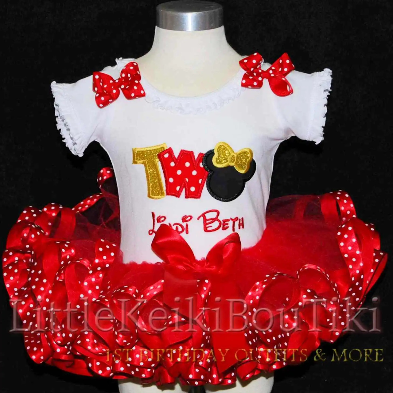 First Birthday Minnie Mouse Outfit, red ribbon trimmed tutu