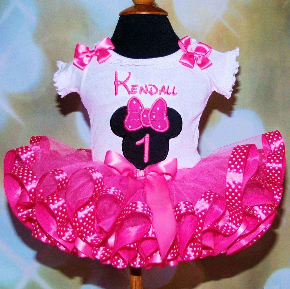 Pink Minnie Mouse 1st birthday outfit, ribbon trimmrd tutu