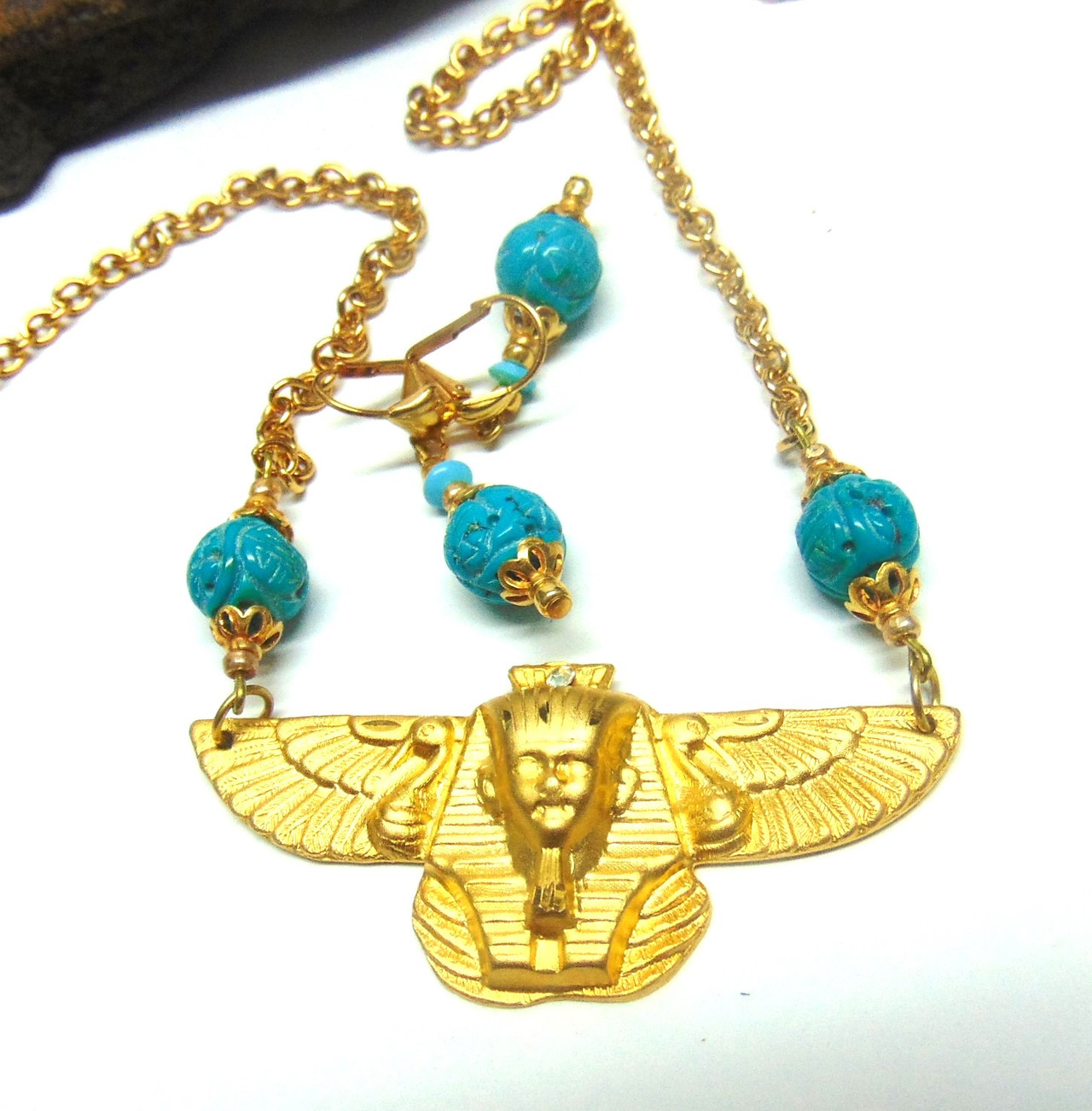 King Tut Necklace Earrings Egyptian Carved Turquoise Set DazzleCity