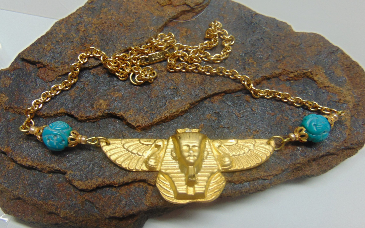 King Tut Necklace Earrings Egyptian Carved Turquoise Set DazzleCity