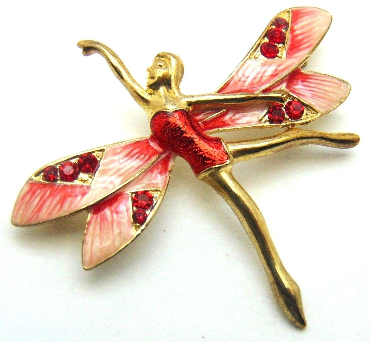 Red Fairy Pin Brooch Nymph Pixie Rhinestone och Crystal Angel Tinkerbell