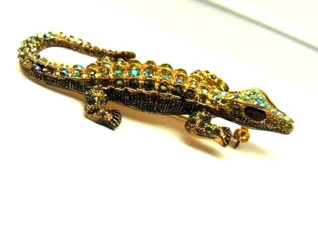 Alligator Crocodile Pin Ruby Rhinestone Peridot Crystal Eyes Gator Swamp