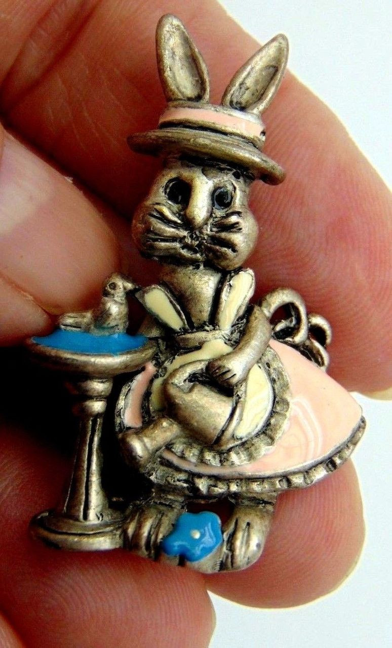 Signed Danecraft Rabbit Brooch Pin Bunny Girl Bird Bath DazzleCity