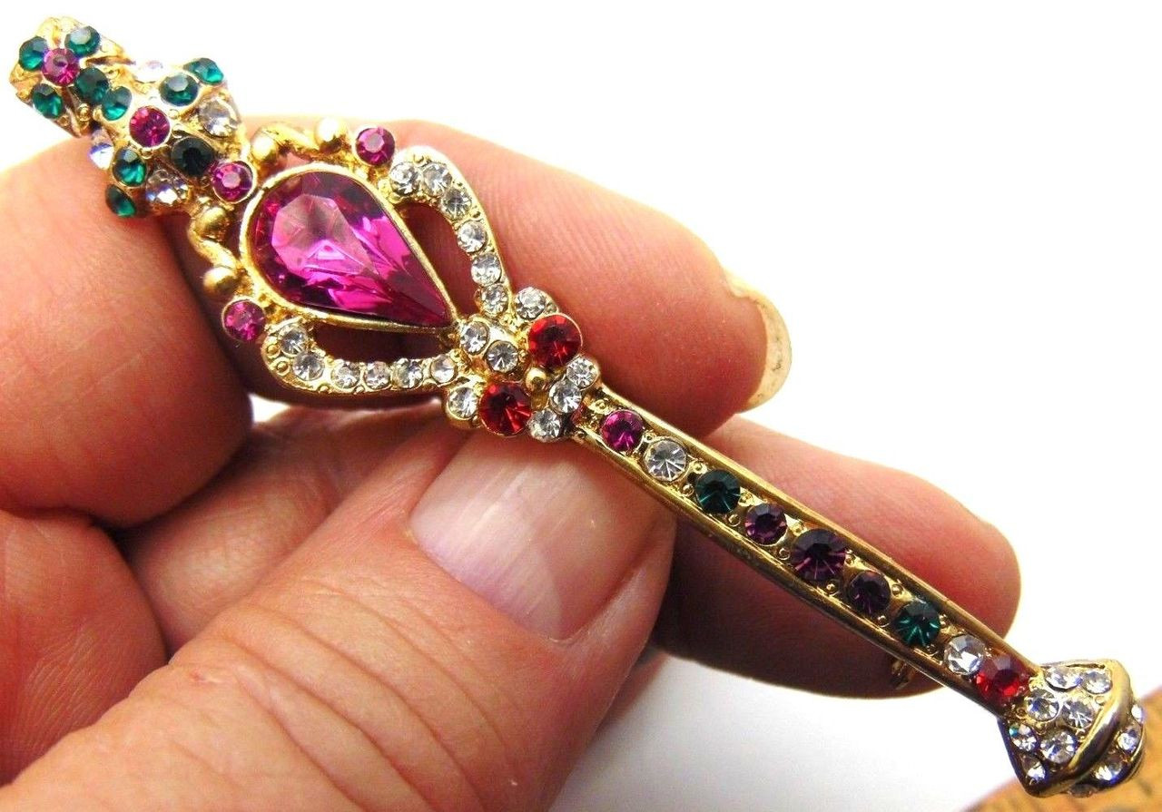 Scepter Pin Brooch Royal Mace Staff Rhinestone Crystal