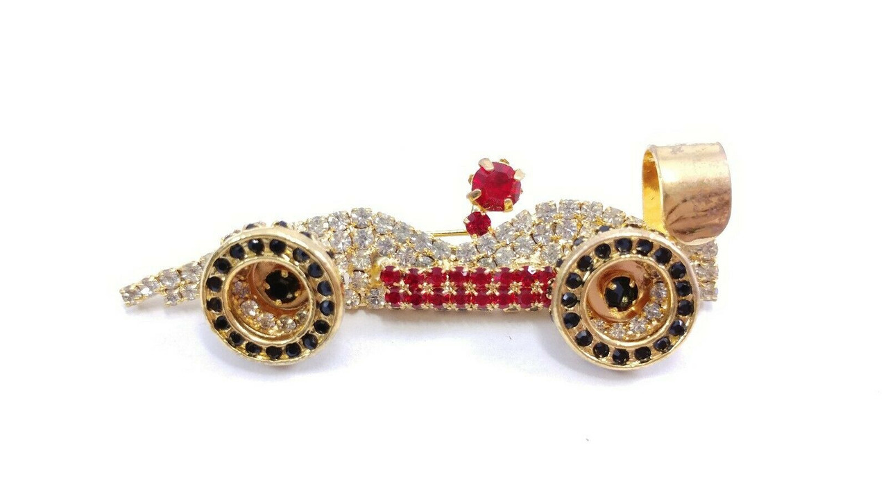 Race Car Pin NASCAR Monte Carlo Rhinestone Brooch Unsigned Bauer