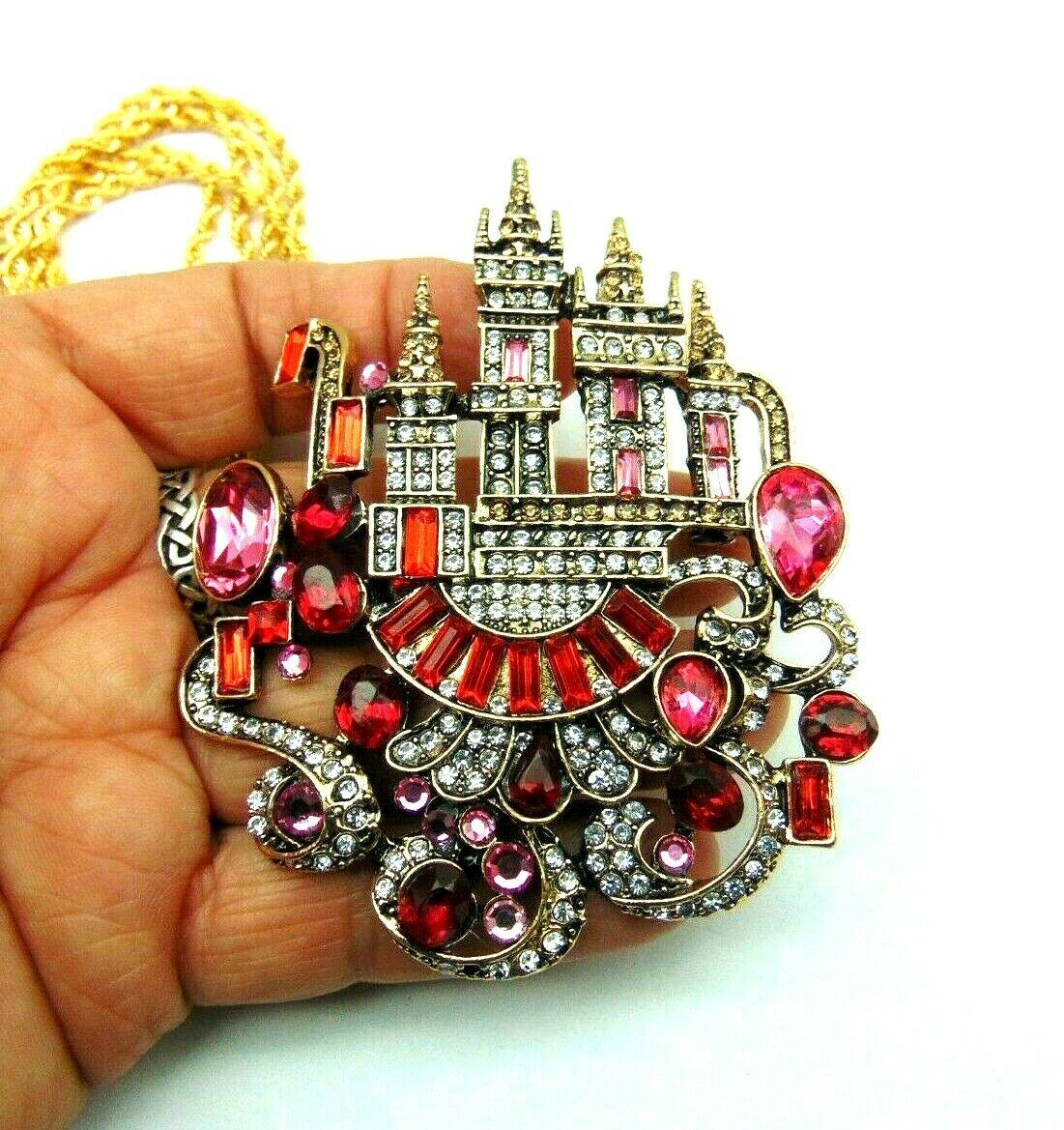 Castle Pin Princess Knight Fairy Tale Red Necklace Brooch Rhinestone ...