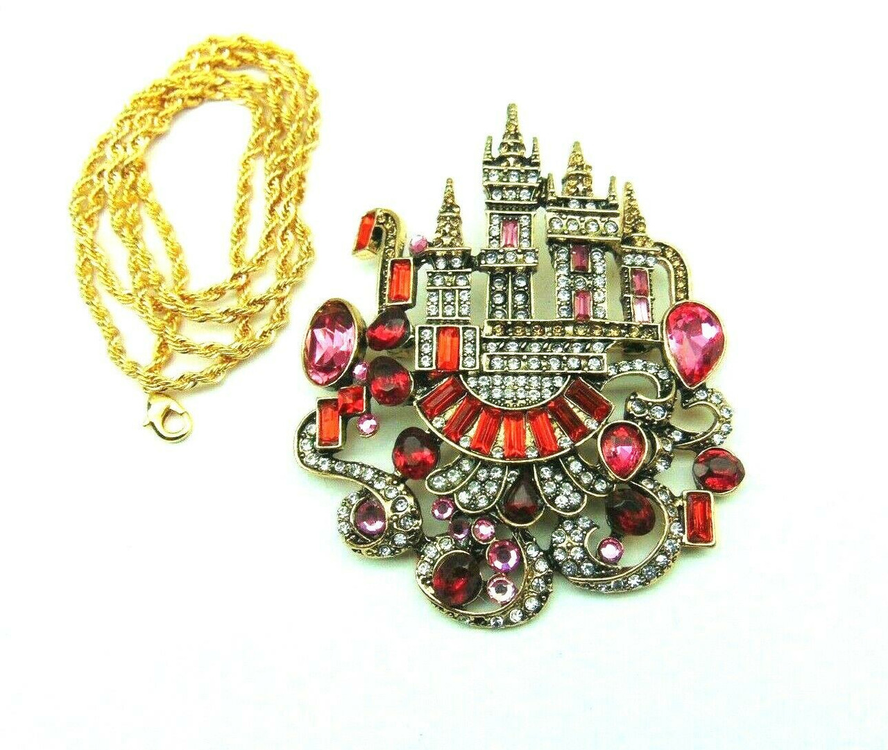 Castle Pin Princess Knight Fairy Tale Red Necklace Brooch Rhinestone ...