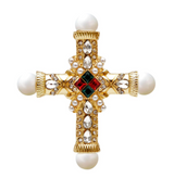 Beautiful Cross Crucifix Pin Rhinestone Crystal Christian Sim Pearls Brooch