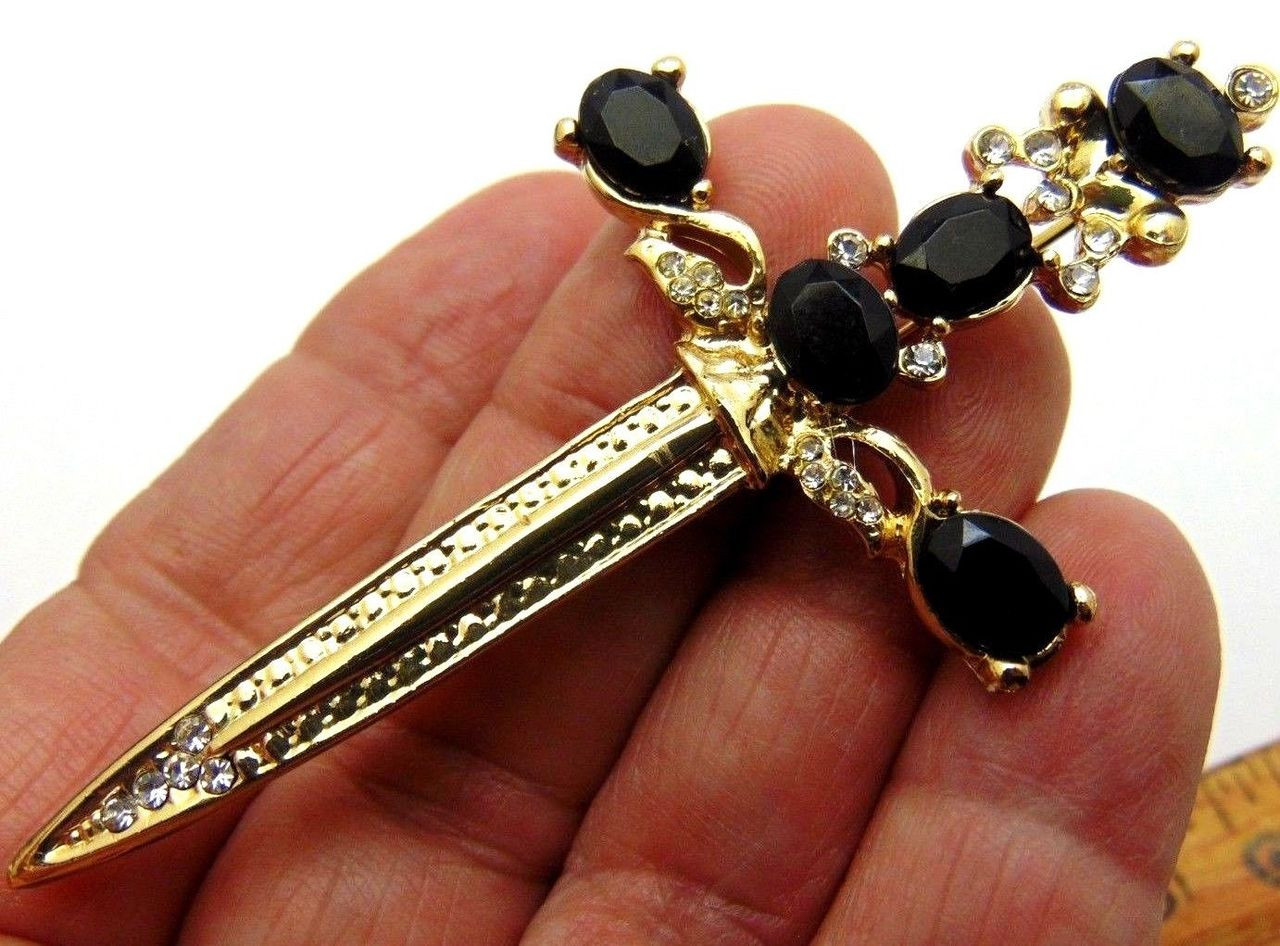 Sword Crown Dagger Saber Pin Brooch Rhinestone