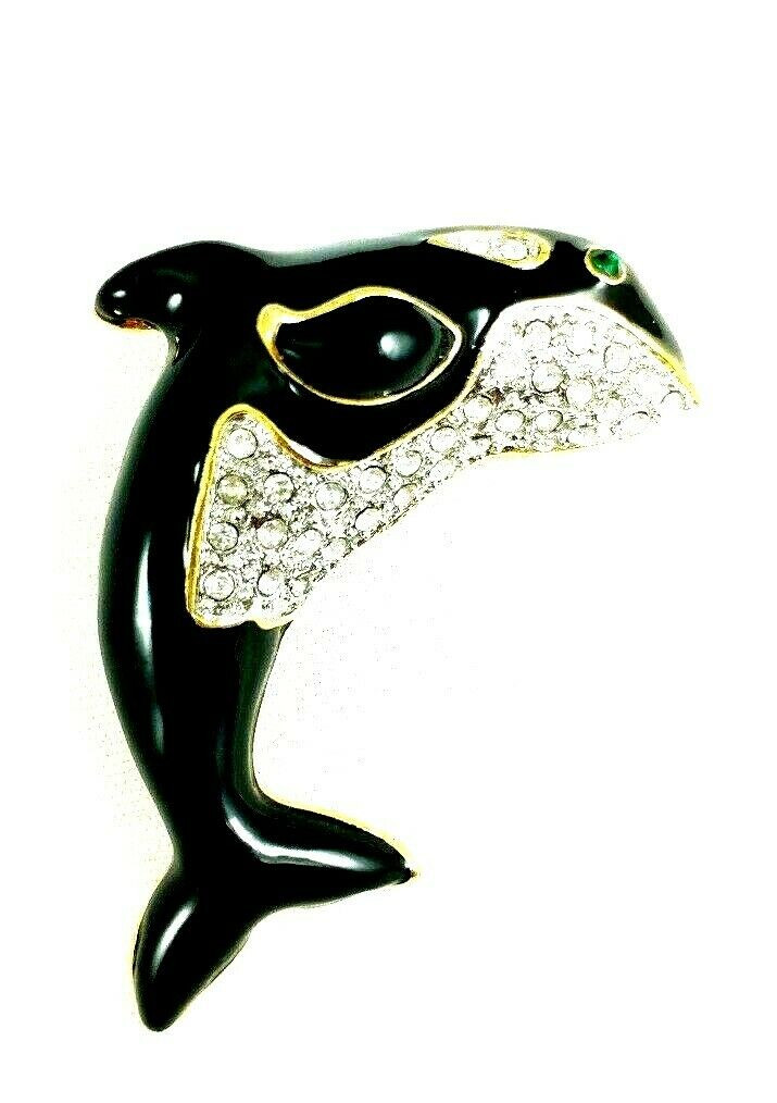 Whale Pin Black Fish Rhinestone Crystal Killer ORCA Brooch DazzleCity