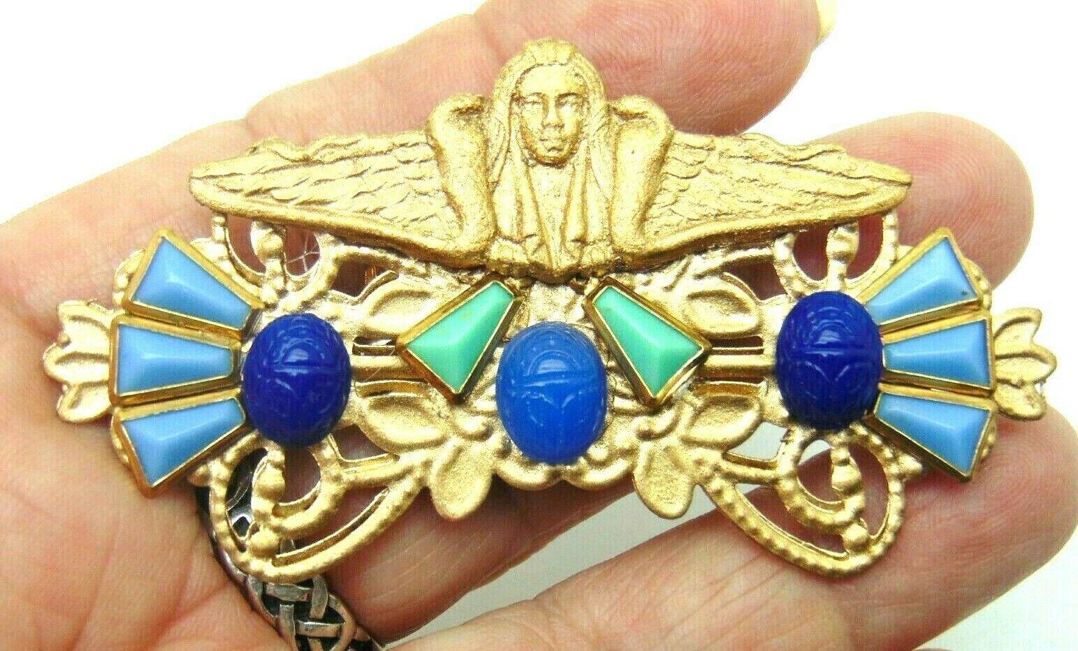 Nefertiti Pin Ankh Snake Egyptian Rhinestone Signed Diamond Cut Brooch
