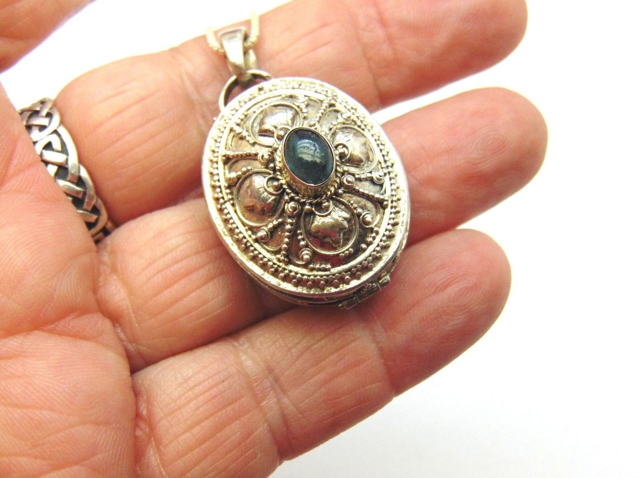 Sterling Silver Locket Stone Necklace 925 Pill Box Poison Chain