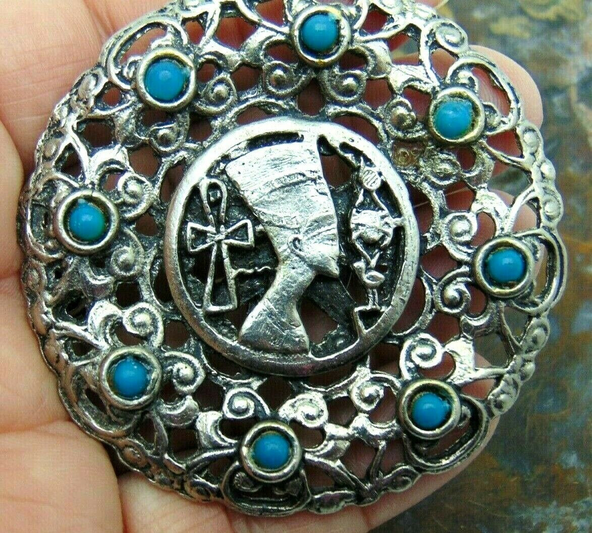 Nefertiti Pin Ankh Snake Egyptian Rhinestone Signed Diamond Cut Brooch