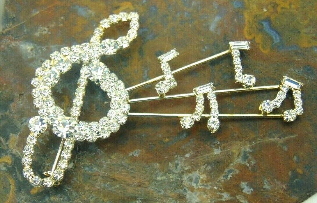 Treble Clef Pin Brooch Clear Rhinestone Crystal Music Note