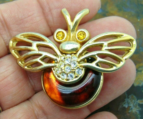 Bee Pin Honey Lucite Rhinestone Crystal Bug OOAK