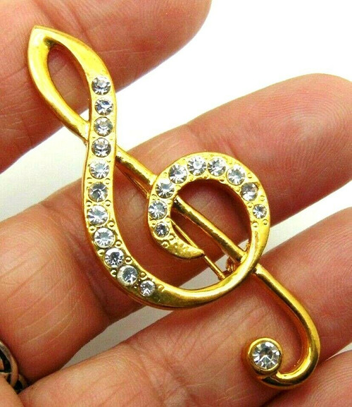 Treble Clef Pin Brooch Clear Rhinestone Crystal Music Note