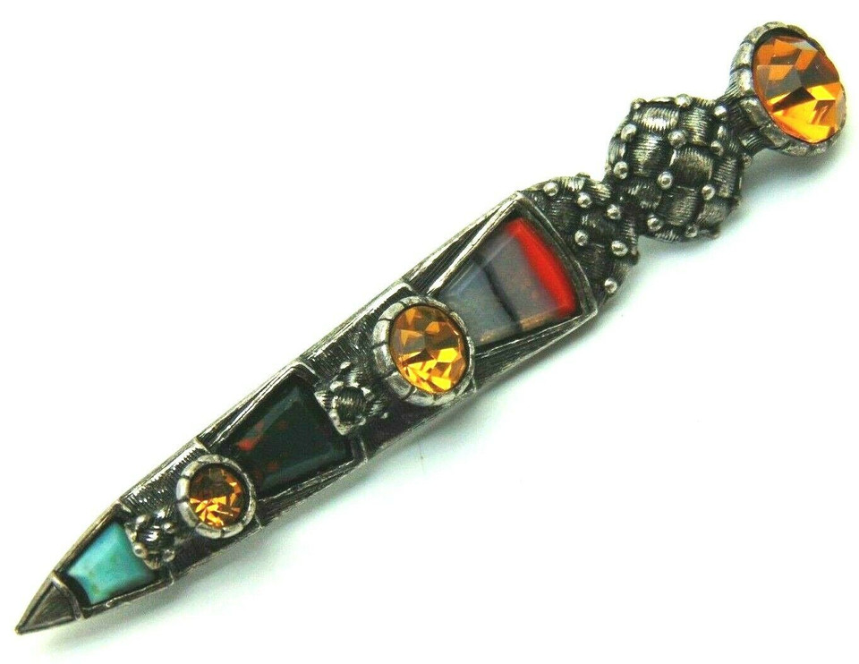 Signed Miracle Kilt Dirk Pin Scottish Celtic Agate Dagger Brooch