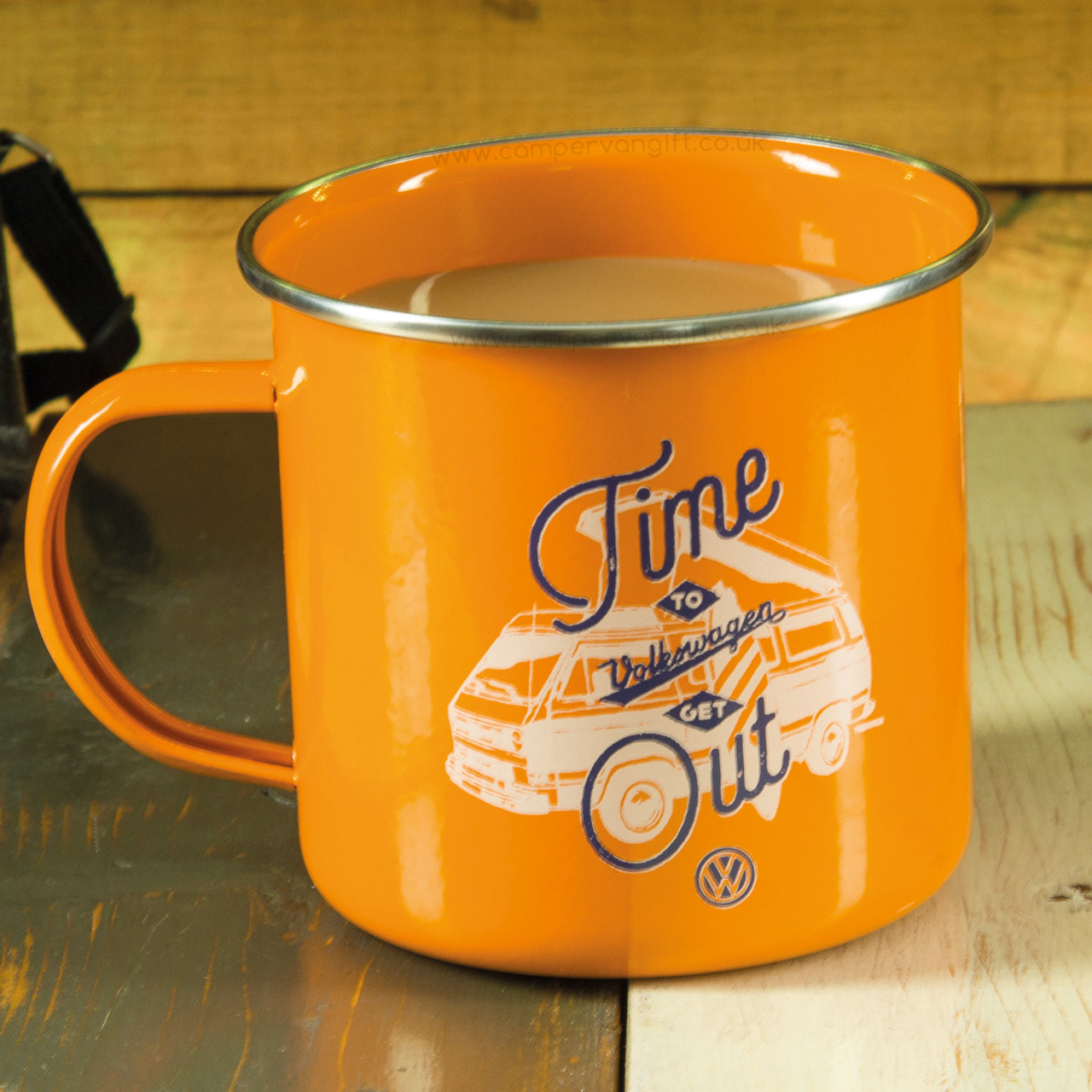 Volkswagen T25 Campervan Orange Enamel Tin Mug Perfect Festival