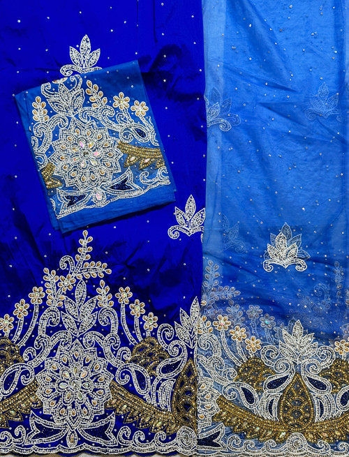 Net + Silk Wrapper 121(R Blue) with Blouse Piece - Aaron International