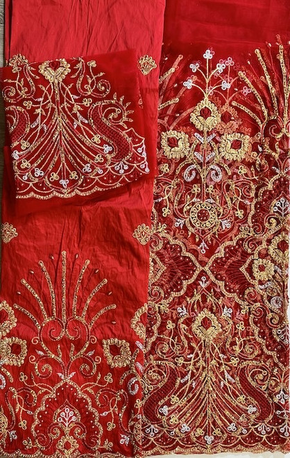 Net + Silk Wrapper 103 (Red) with Blouse Piece - Aaron International