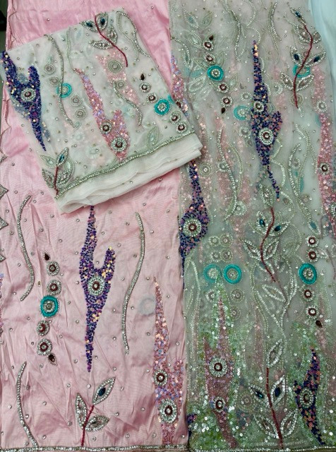 First Lady Net + Silk Wrapper (Pink & Green)-17 - Aaron International