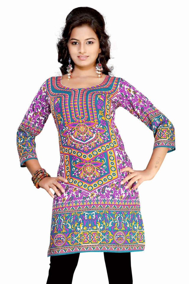 Purple 3/4 sleeve Indian Printed Kurti Tunic Women Kurta