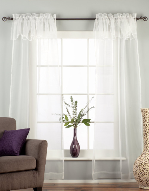 White Rod Pocket with attached Valance Sheer Tissue Curtain / Drape ...