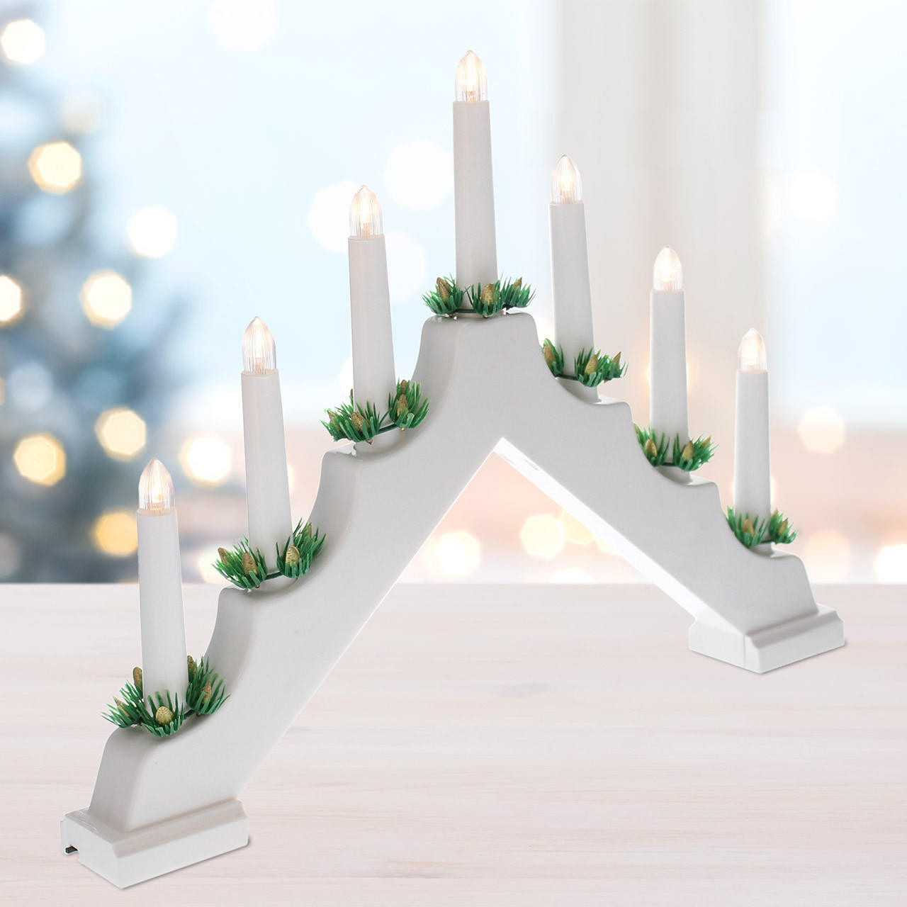 Festive Battery Operated White Candle Bridge 7 Candles - Warm White ...
