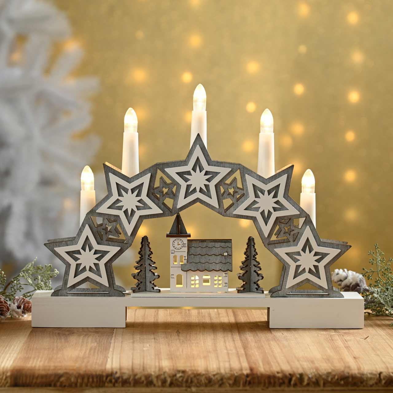 Festive 32cm Battery Operated Lit Star & Village Candle Bridge ...