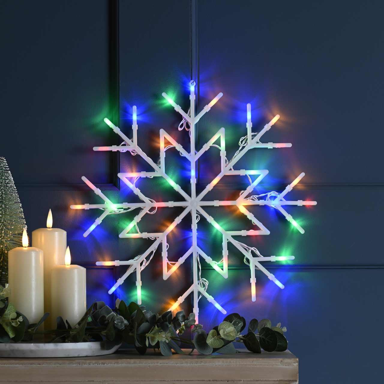 Festive Battery Operated Static Or Flashing Snowflake Multi-Coloured ...