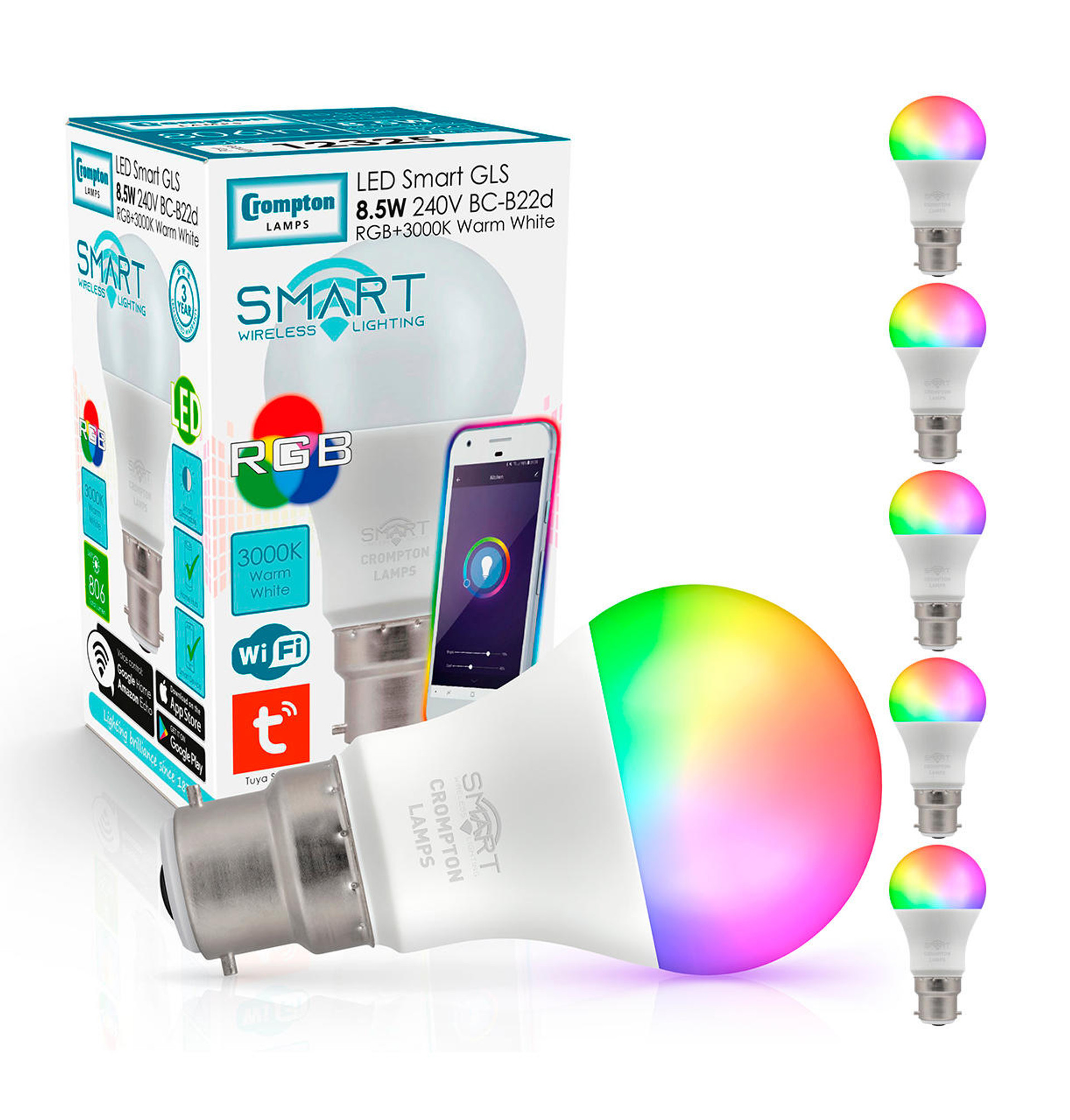 Crompton Lamps Led Smart Wifi Gu10 Bulbs 5w Dimmable 10 Pack Rgb And