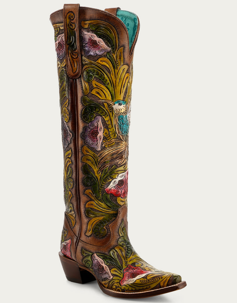 Corral Brown Hand Tooled Painted Hummingbird A4980