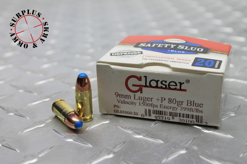 Glaser Blue Safety Slug Ammunition 9mm Luger +P 80 Grain Safety Slug