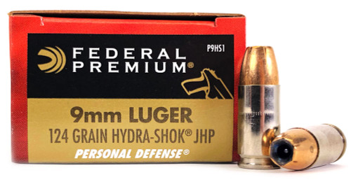 Federal Premium 9mm 124 Grain Hydra-Shok Jacketed Hollow Point P9HS1