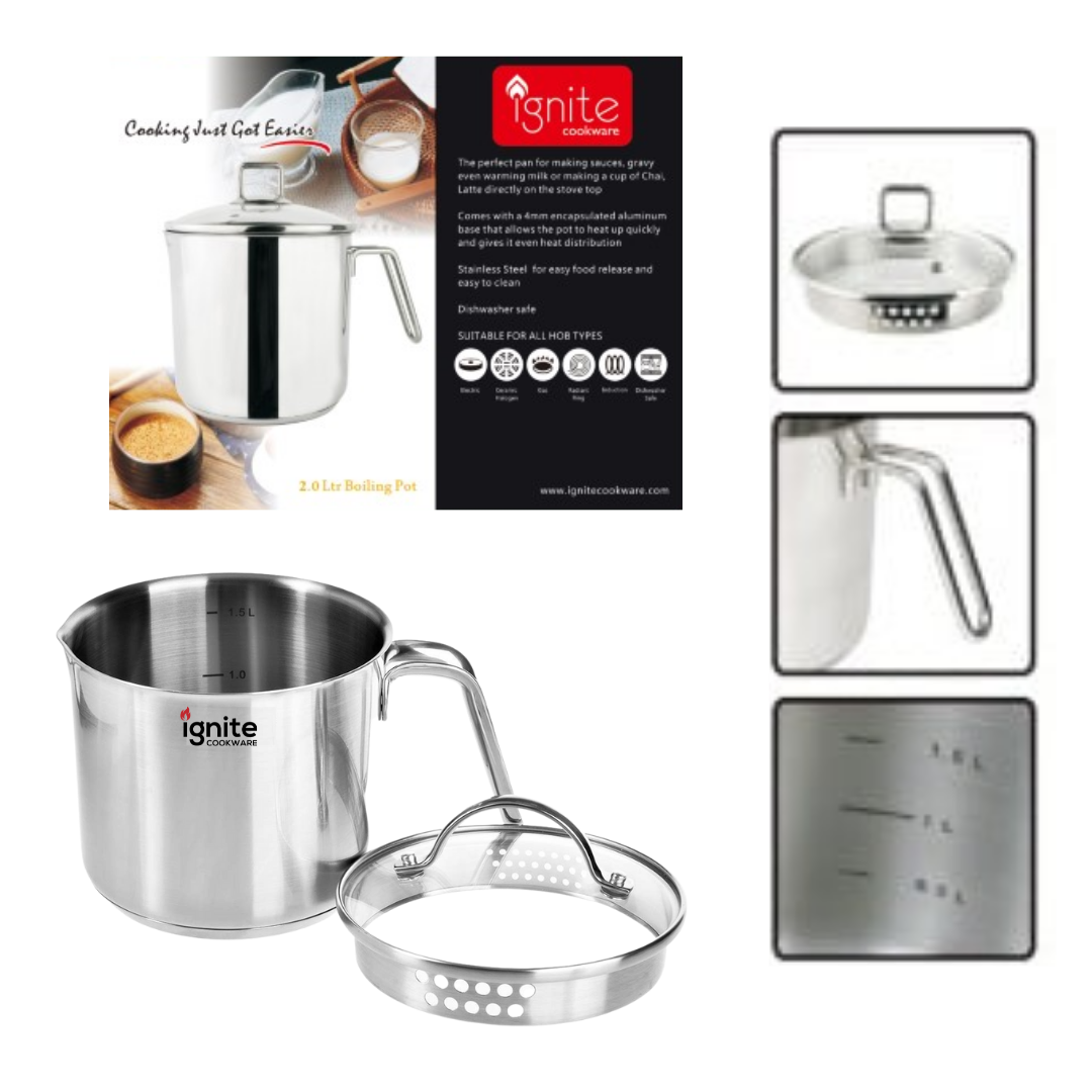 Ignite Stainless Steel Chai Pan | Boiling Pot | 2 Litres With Glass Lid
