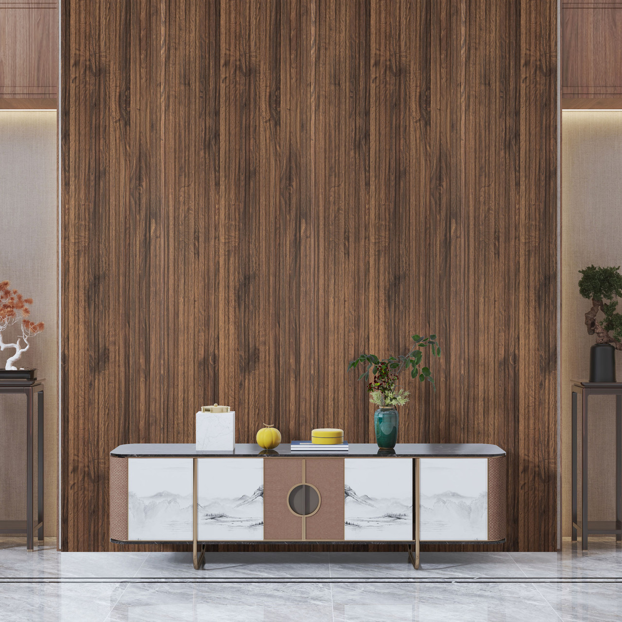 Small Slats Walnut Polystyrene Wood Slat Walls 112x12" | DCT