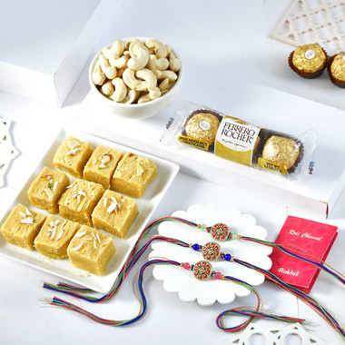 Gift Combo of Triplex Rakhi - Soan Papdi Sweet with Cashew Nut and ...