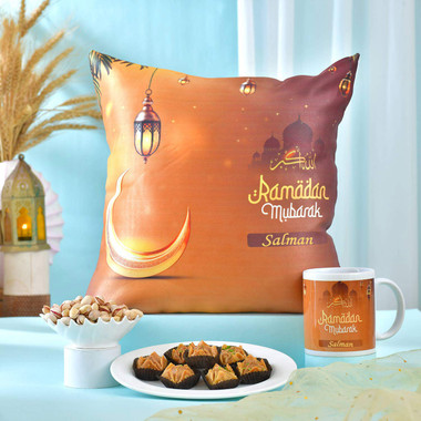 Personalized Ramadan Cushion and Mug with Chocolates