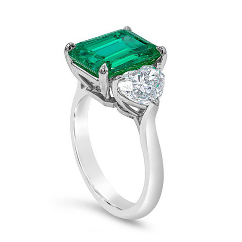 Emerald Step Cut with Hearts Three Stone Engagement Ring