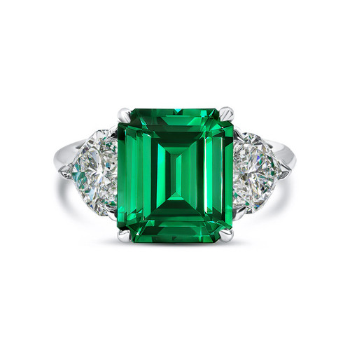 Emerald Step Cut with Hearts Three Stone Engagement Ring