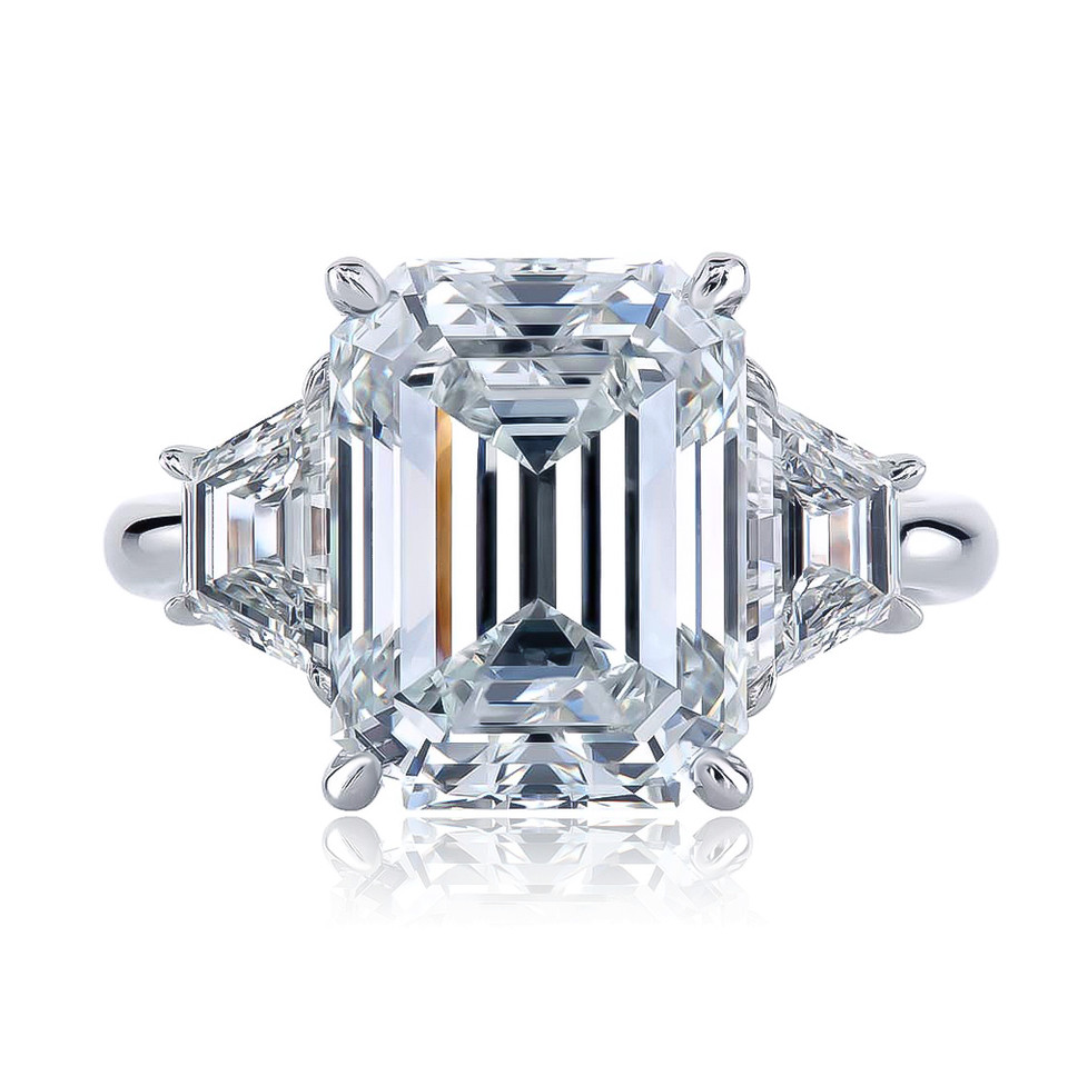 Emerald Step Cut with Trapezoids Three Stone Engagement Ring