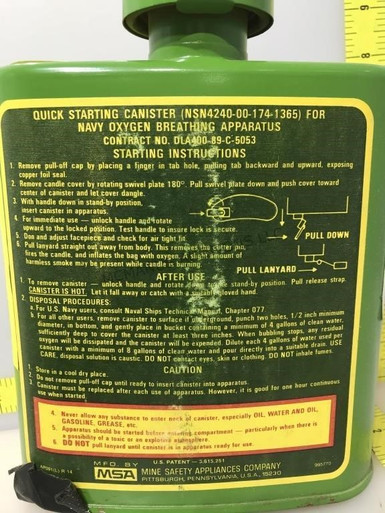 Unissued/NOS USGI/ Navy OBA Oxygen Rebreather Canister