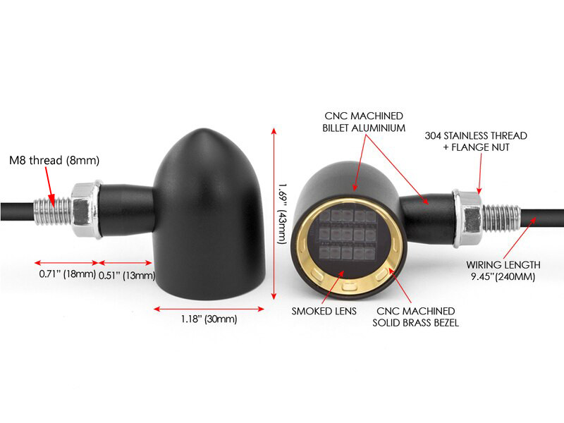 Black with Gold Bezel Mini LED Motorbike Indicators - CNC Aluminium - PAIR