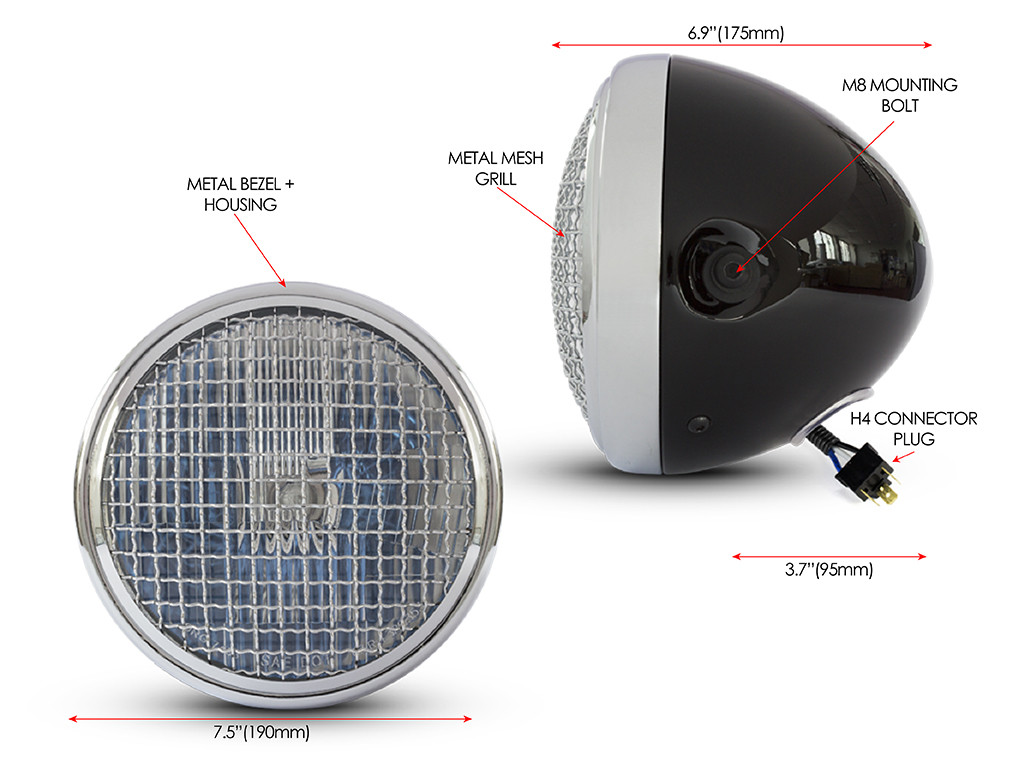 Motorbike Headlight 12V 55W Black Steel 8" Inch Retro Classic Old ...