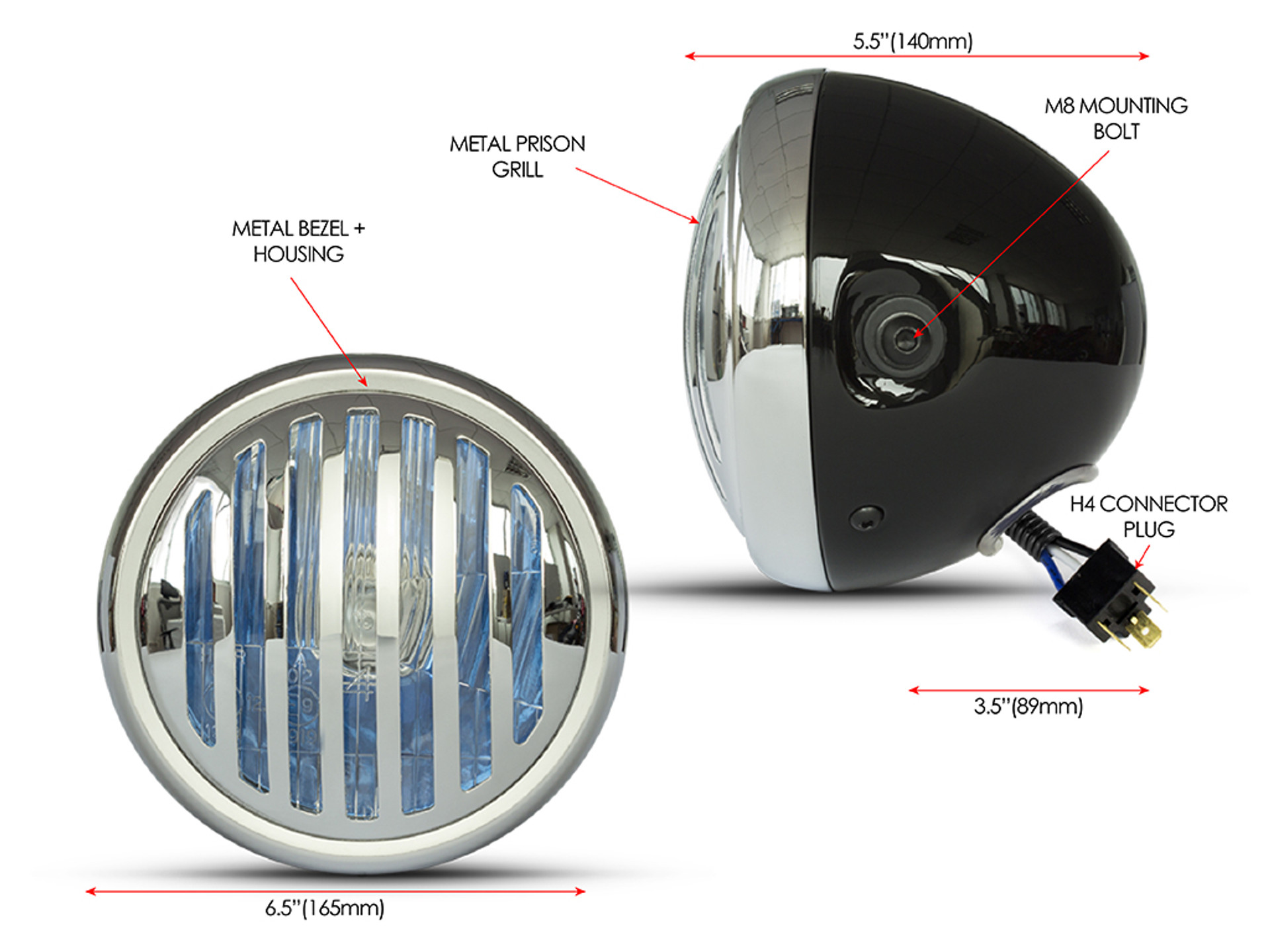 Motorbike Headlight 65 Gloss Black And Chrome Bezel For Retro Cafe