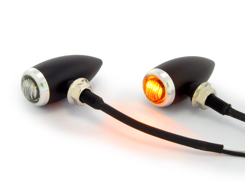 High Quality Matt Black & Chrome Mini LED Motorbike Custom Retro Indicators