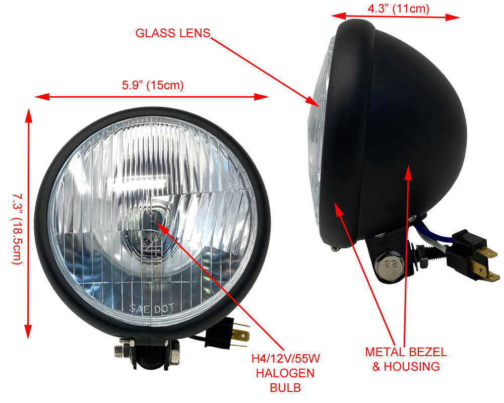 BLACK 5.75” Bates Style Classic Custom 12V 55W Motorbike Motorcycle ...