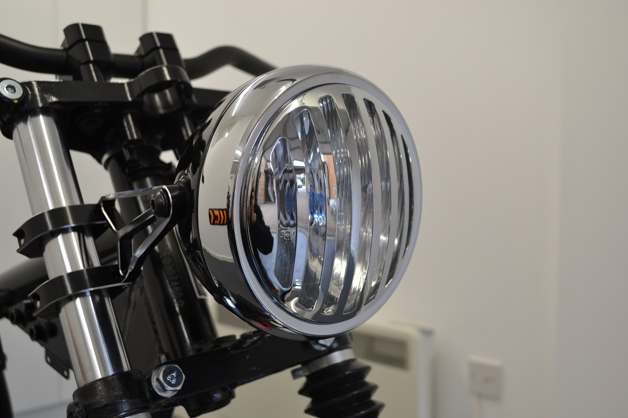 Motorbike Headlight 6.5" Black with Chrome Prison Grill Retro Scrambler ...