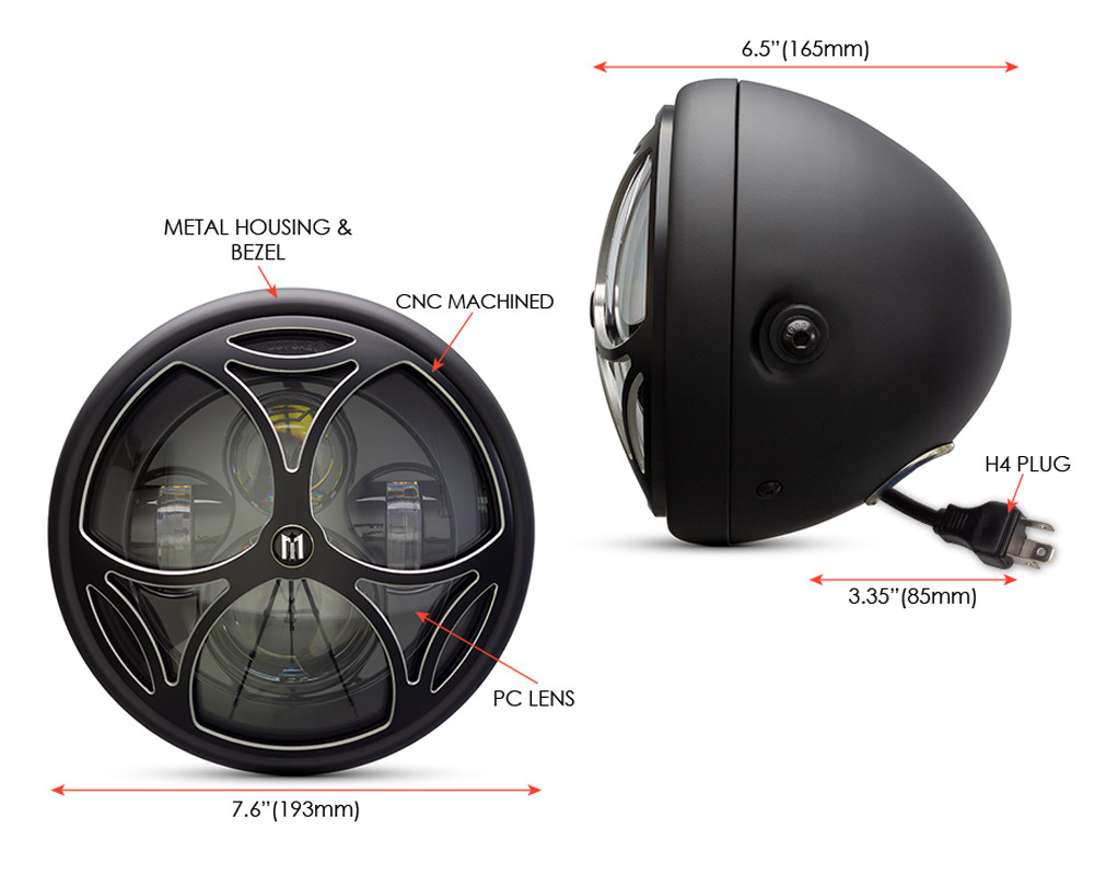 Motorcycle Headlight LED 7.7" with Tri Maltese Design Grill for Retro ...
